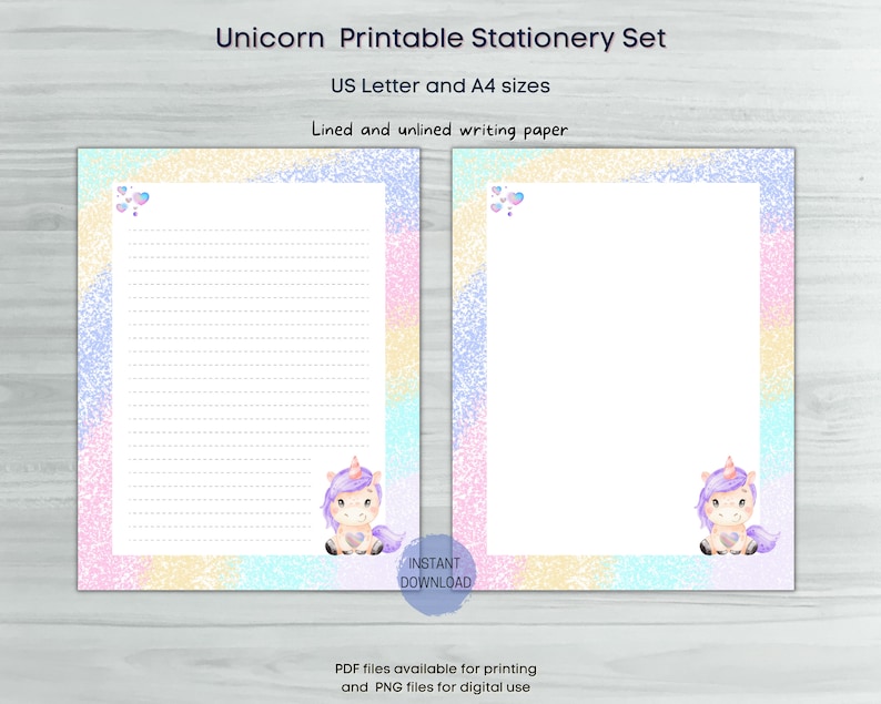 Unicorn Printable Stationery Paper, Lined and Unlined, A4 and Letter ...