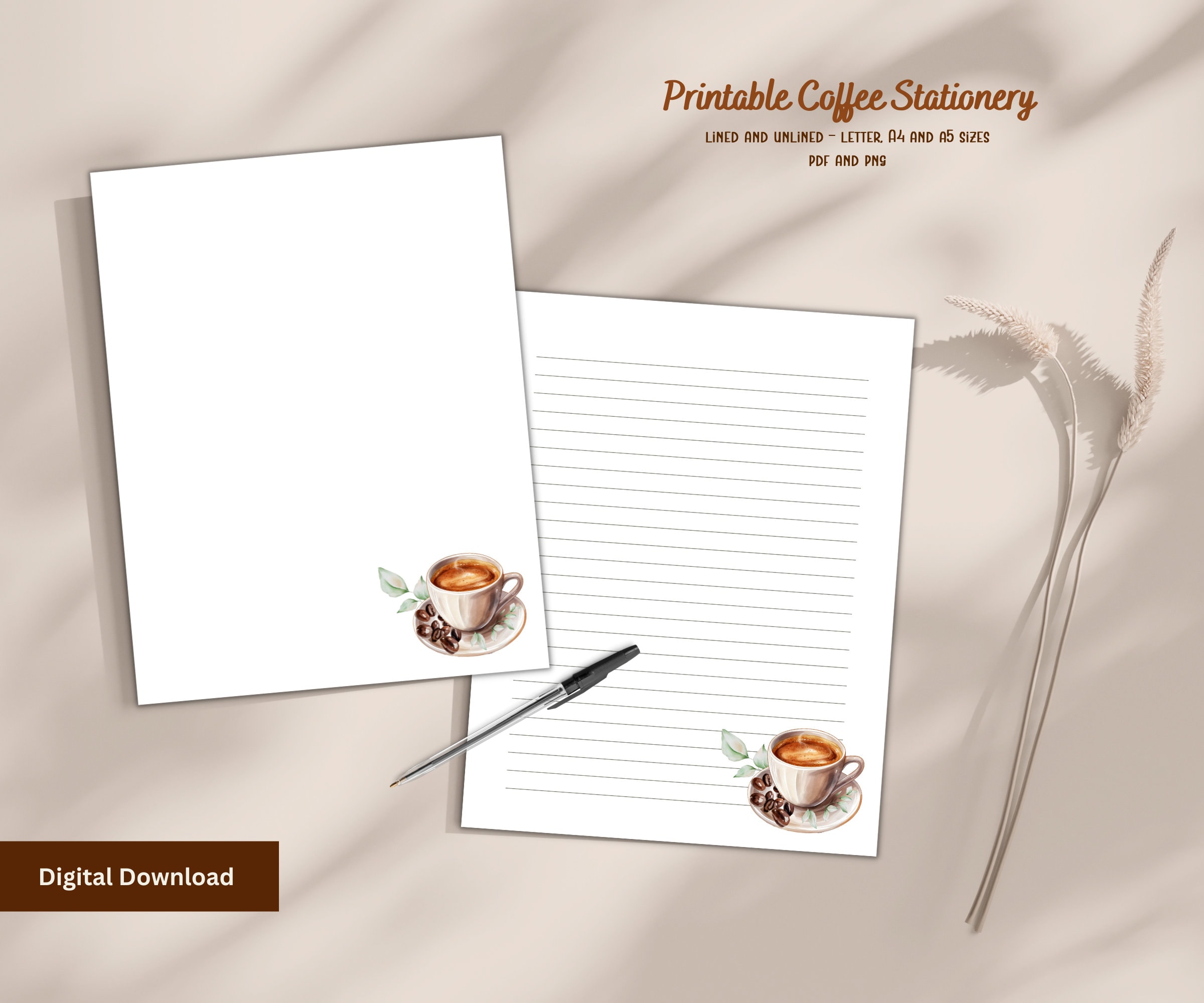 Coffee Cup Printable Stationery, Leaves and Coffee Beans, Letter ...