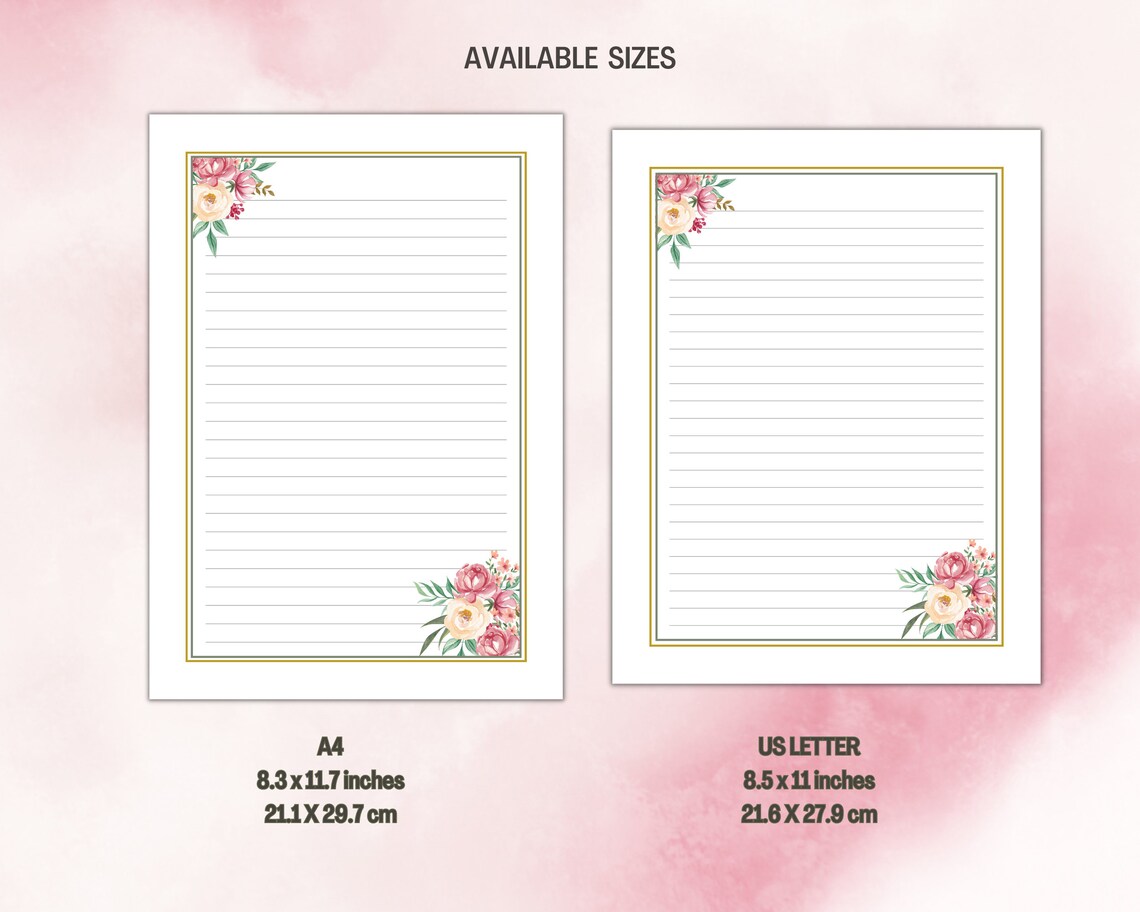 Watercolour Flower Digital Stationery, Lined and Unlined Writing Paper ...