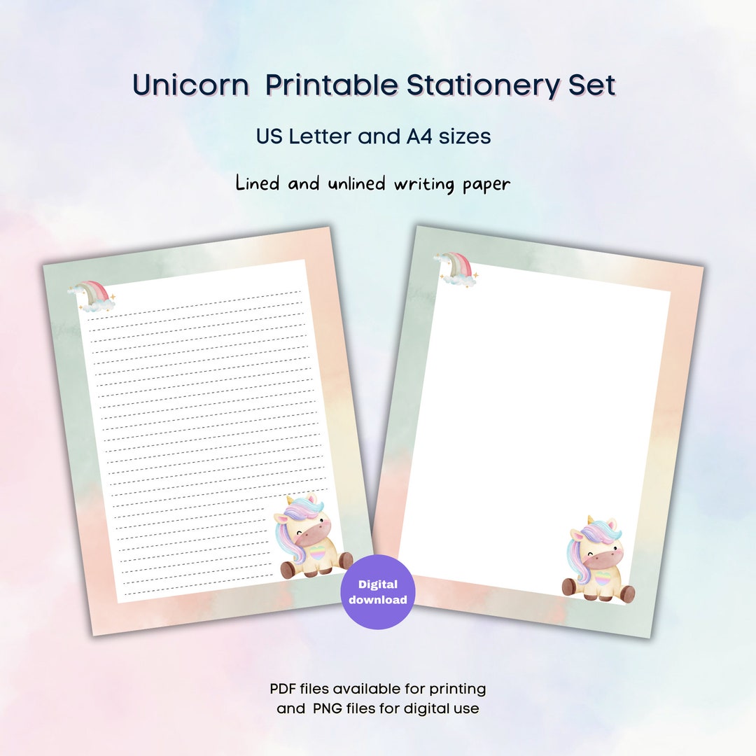 Unicorn Printable Stationery Paper, Children's Stationery, Lined and ...
