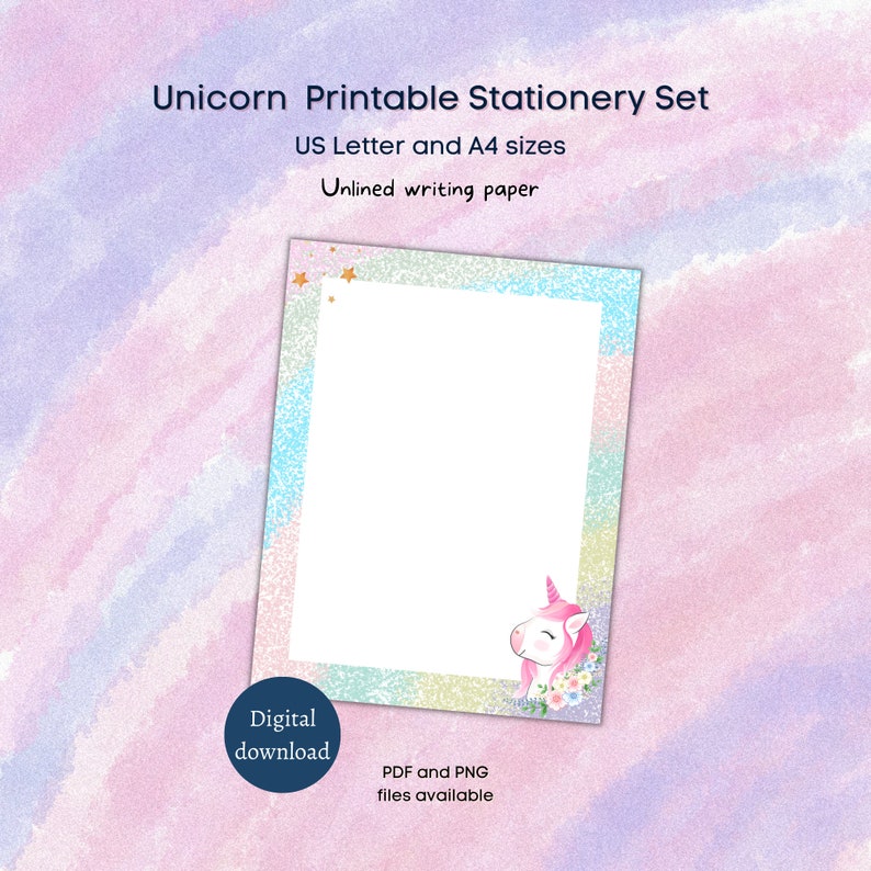 Unicorn Printable Stationery Paper, Lined and Unlined, Cute Printable ...