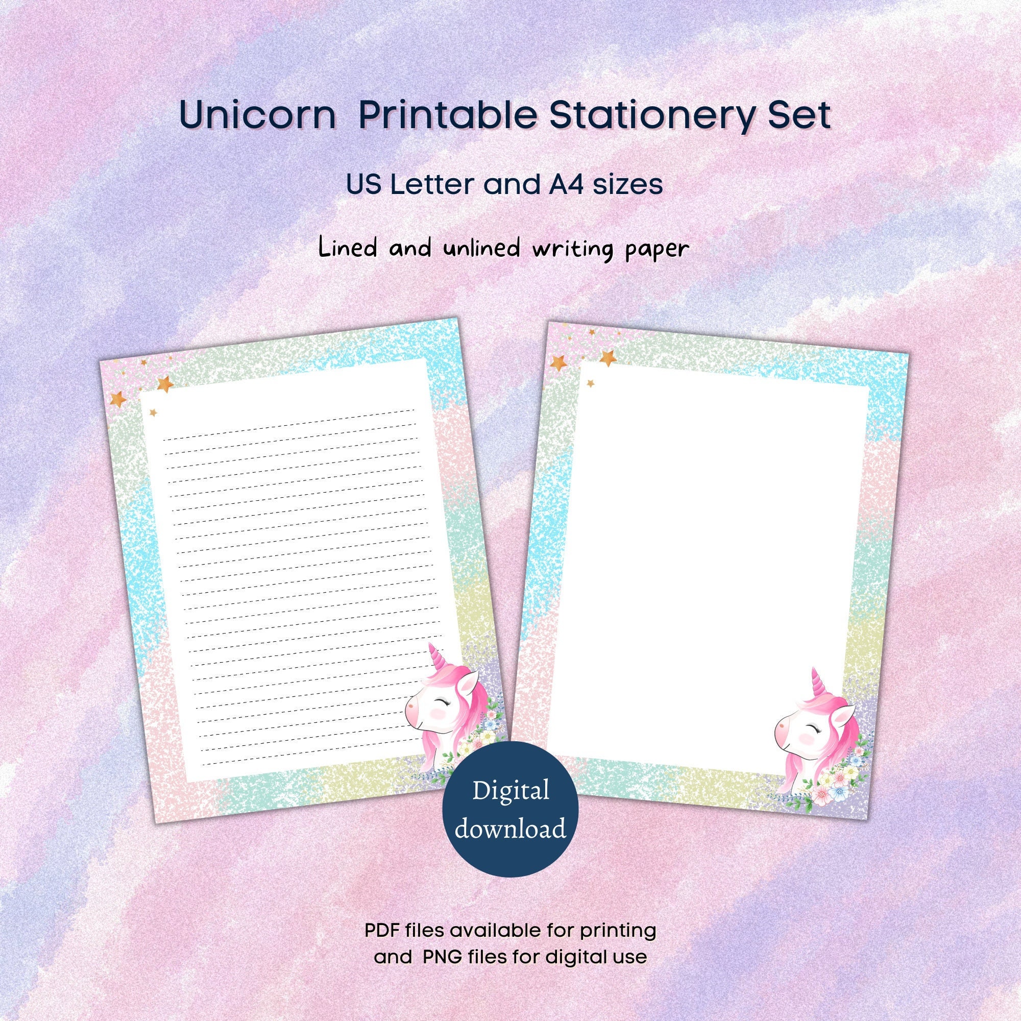 Unicorn Printable Stationery Paper, Lined and Unlined, Cute Printable ...