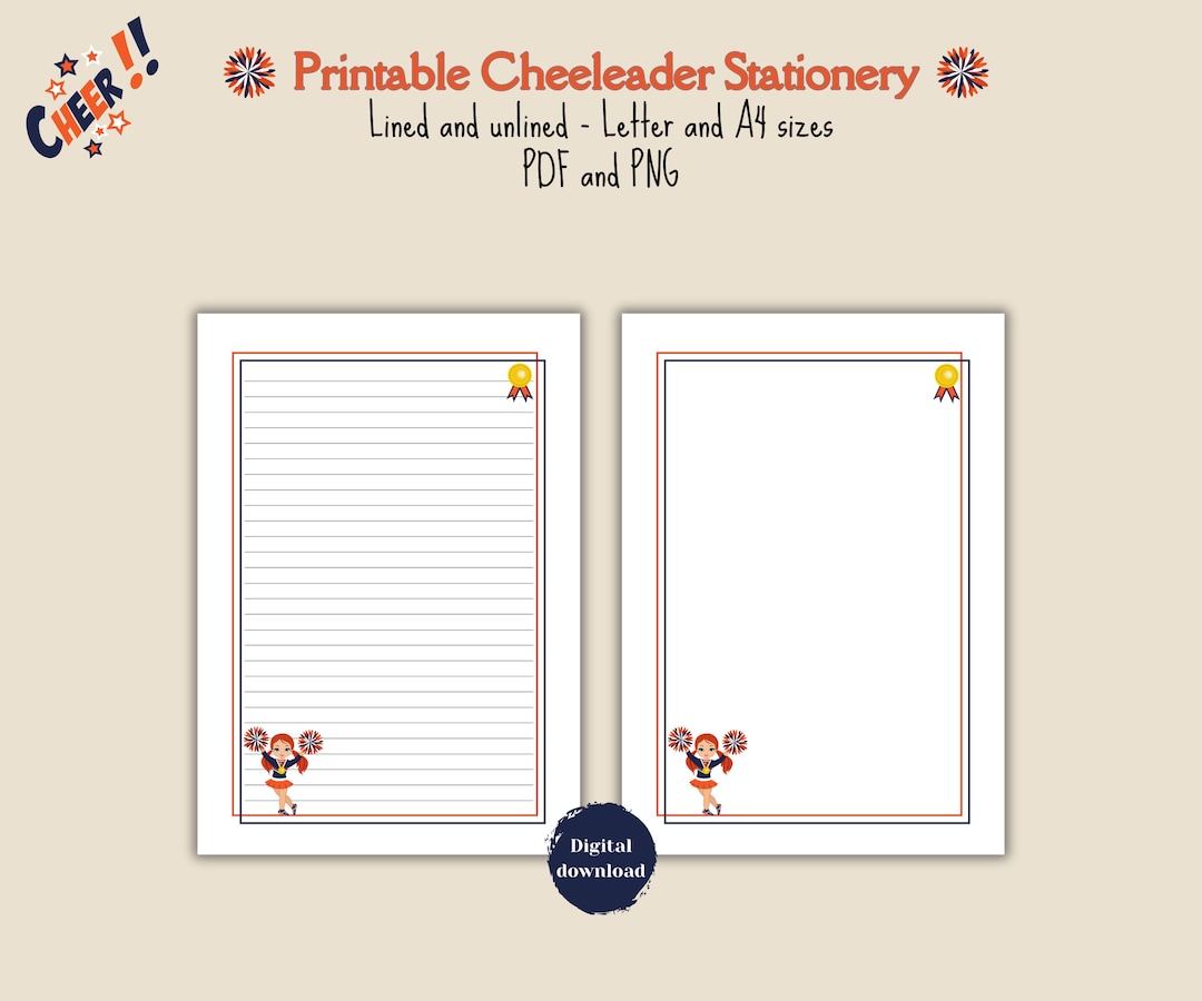 Cheerleader Stationery Set: Lined & Unlined (PDF, PNG) - Etsy