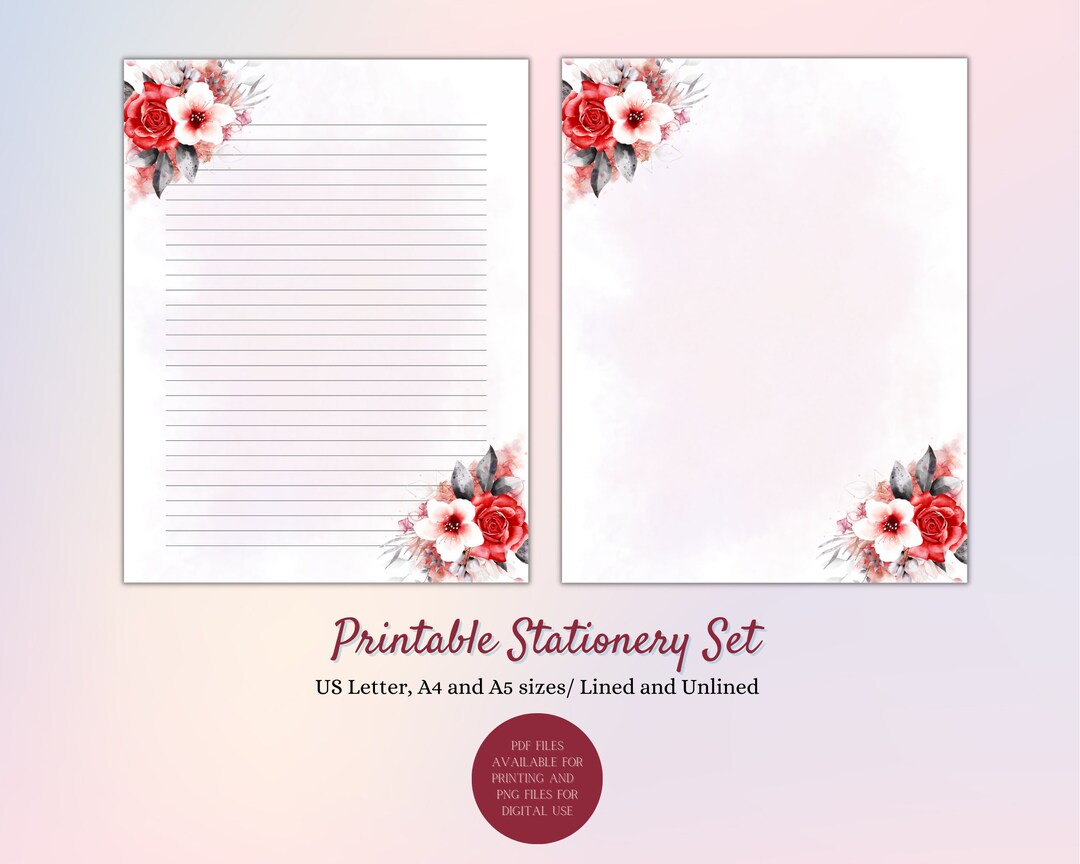 Watercolor Red Rose Stationery Set: Lined & Unlined (digital Download ...