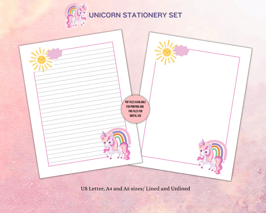 Unicorn Stationery Set: Lined & Unlined Writing Paper (PDF, PNG) - Etsy