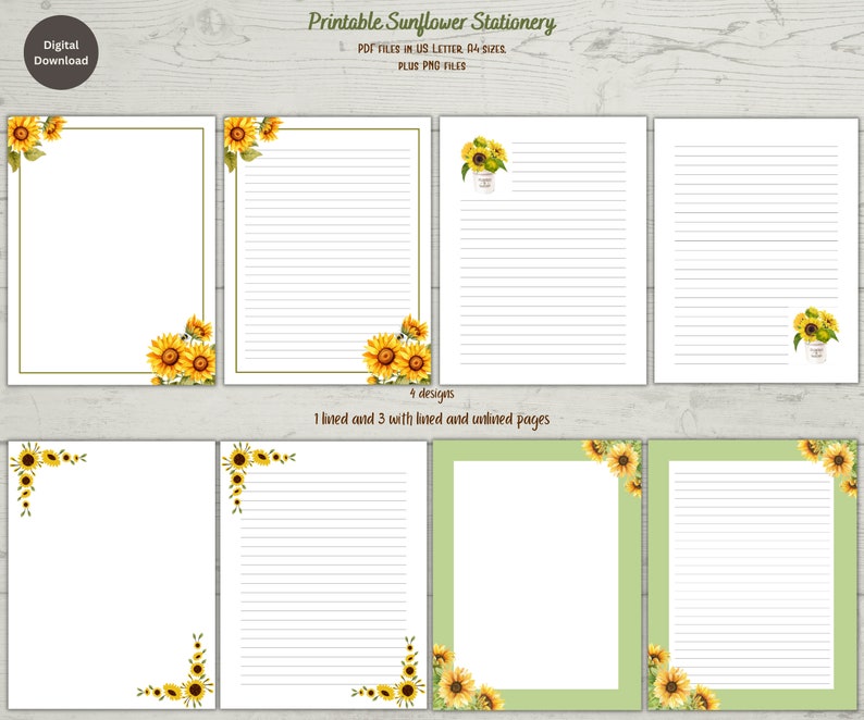 Sunflower Stationery: Floral Writing Paper, US Letter & A4 (digital ...