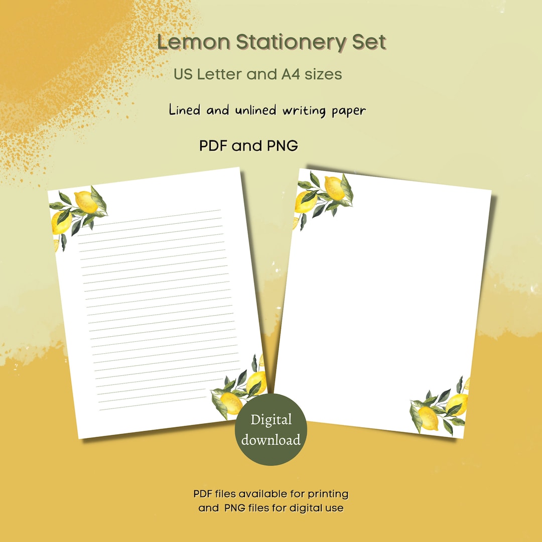 Lemon Printable Stationery, Botanical, Lemon Writing Paper, Citrus ...