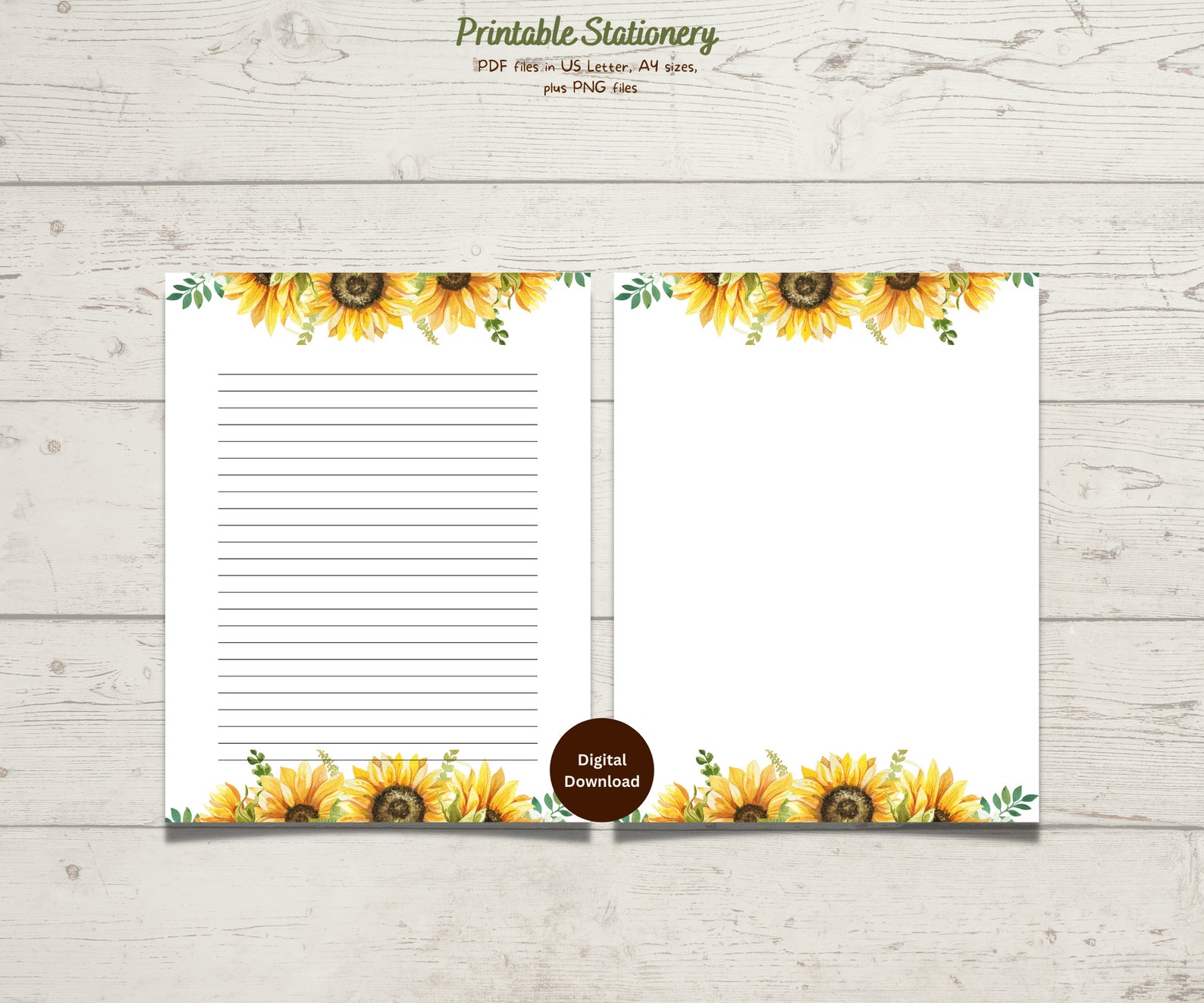 Printable Sunflower Stationery, Floral Printable Stationery, Printable ...