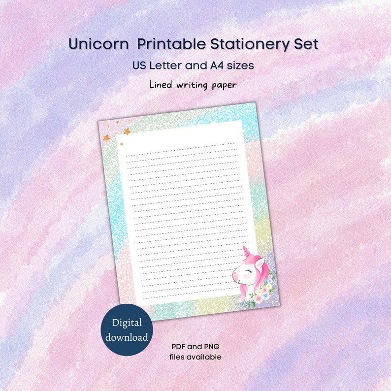 Unicorn Printable Stationery Paper, Lined and Unlined, Cute Printable ...