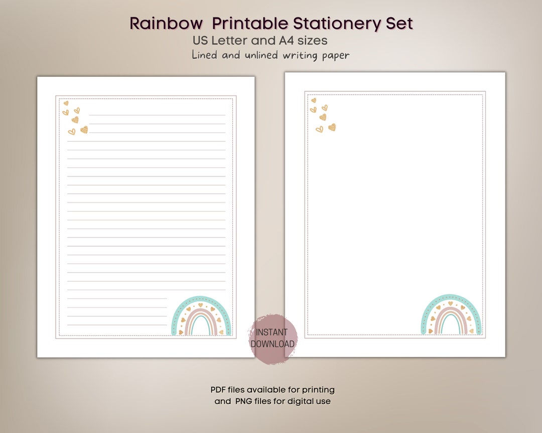 Printable Stationery, Rainbow Writing Paper, Lined Unlined, A4 US ...