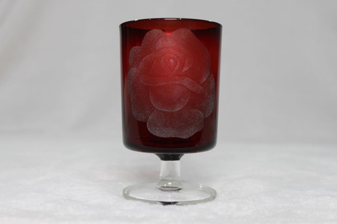Luminarc Ruby Red Short Stem Wine Glass Goblet Etched Rose 4.5" - Etsy