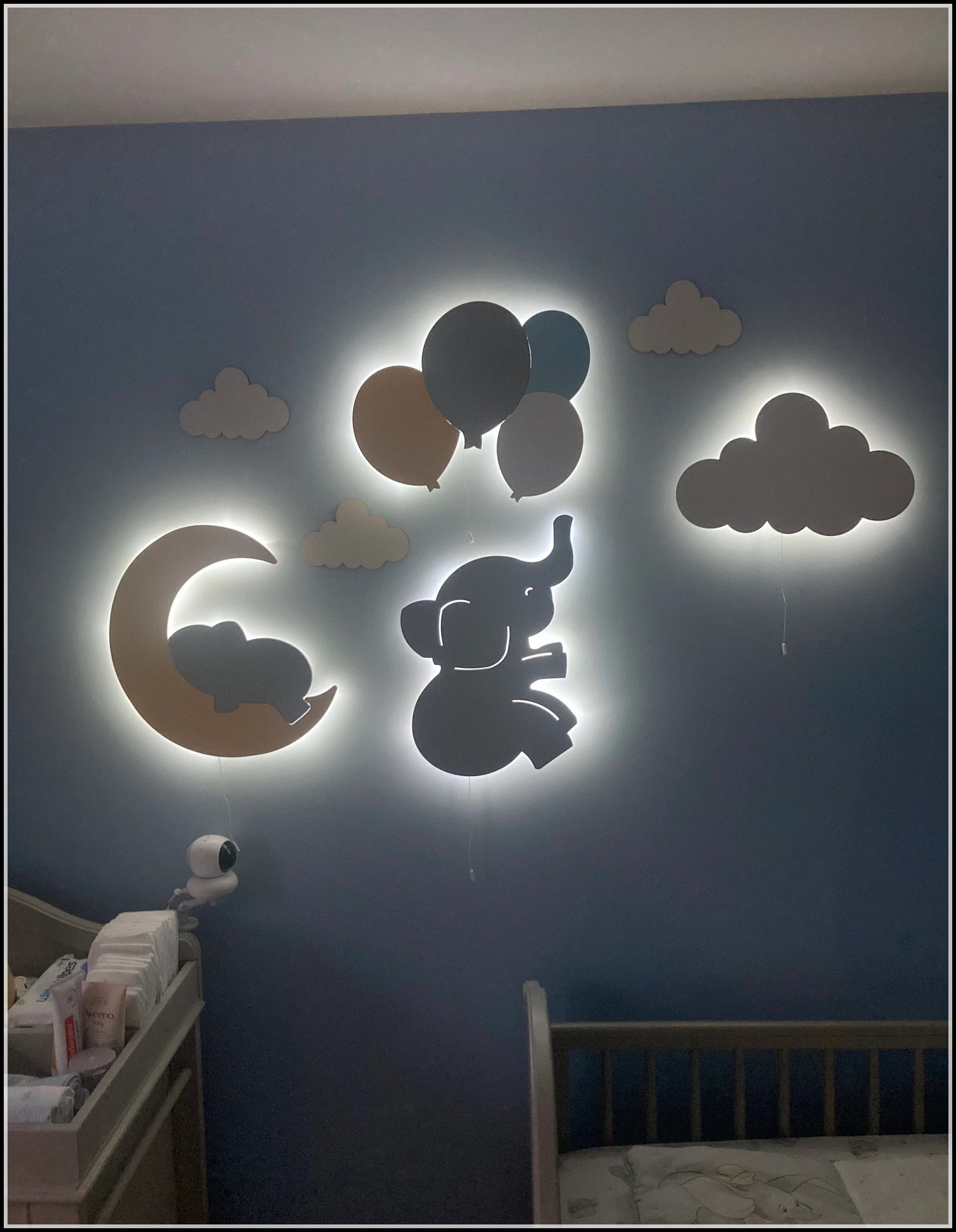 Set of 4 Baby Room Lamp, Nursery Wall Decor, Elephant Lamp, Balloon ...