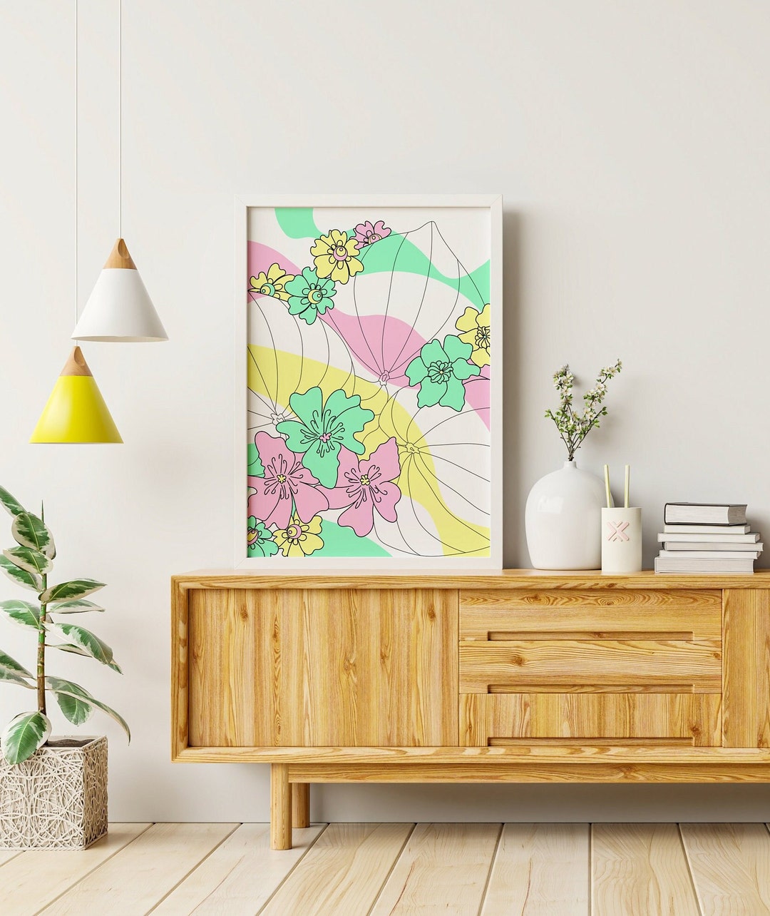 Digital Download Wall Art , Floral Line Art , Pastel Colors Artwork ...