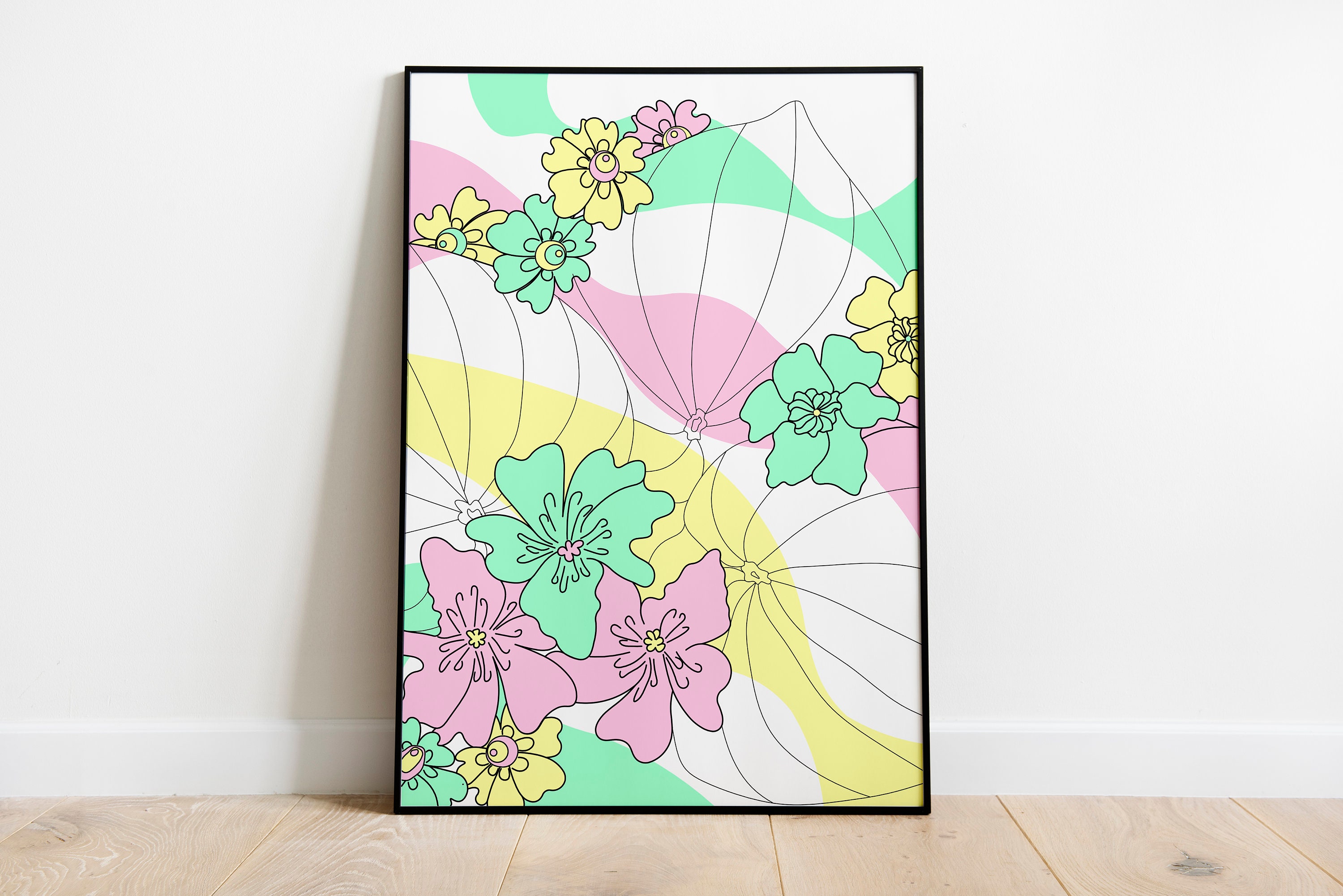 Digital Download Wall Art , Floral Line Art , Pastel Colors Artwork ...