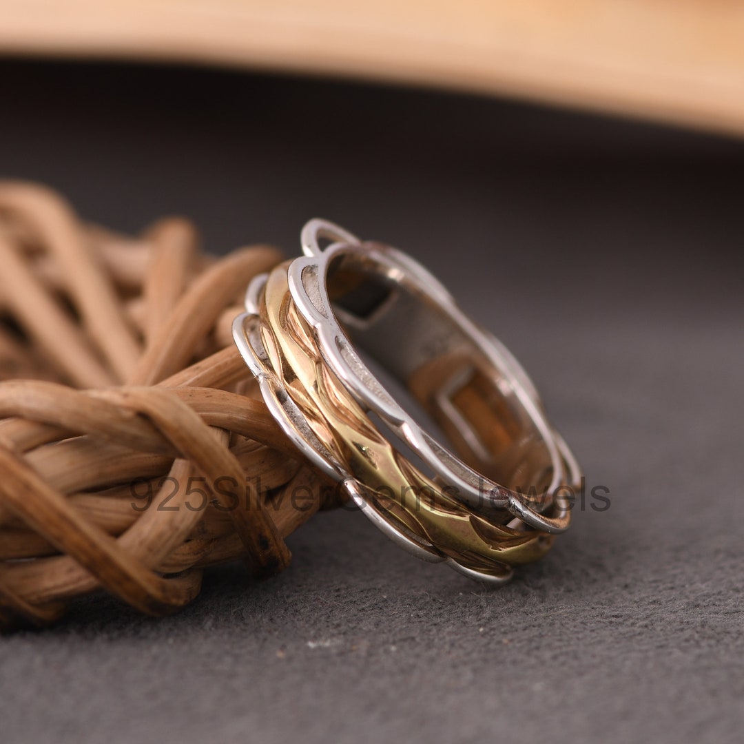 Hand Caved Band Ring, Silver Spinner Ring, 925 Sterling Silver Two Tone ...