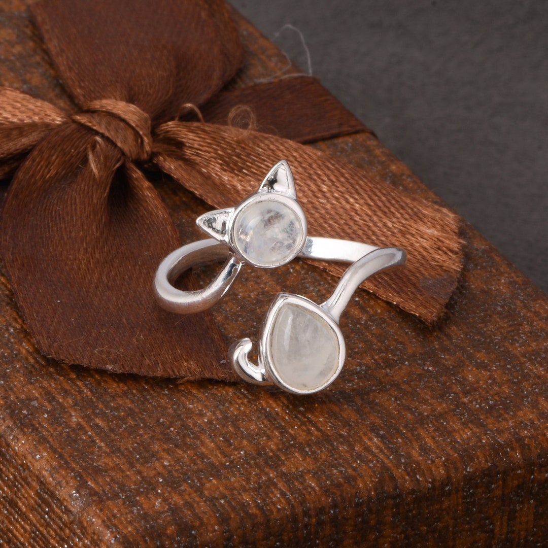 Cat Ring, Natural Moonstone Ring, Silver Ring, Handmade Jewelry, Animal ...