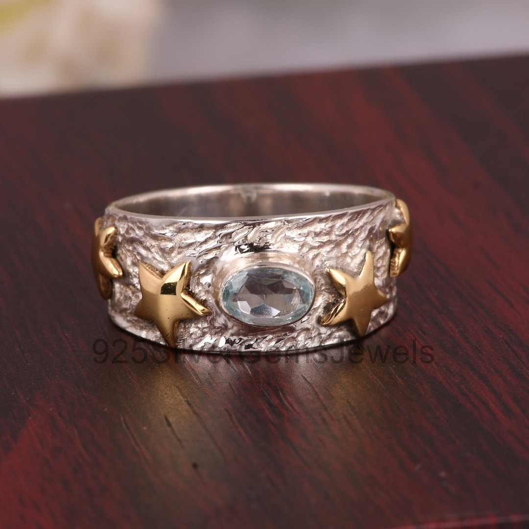 Blue Topaz Gemstone Ring, 925 Silver Two Tone Ring, Blue Stone Women's ...
