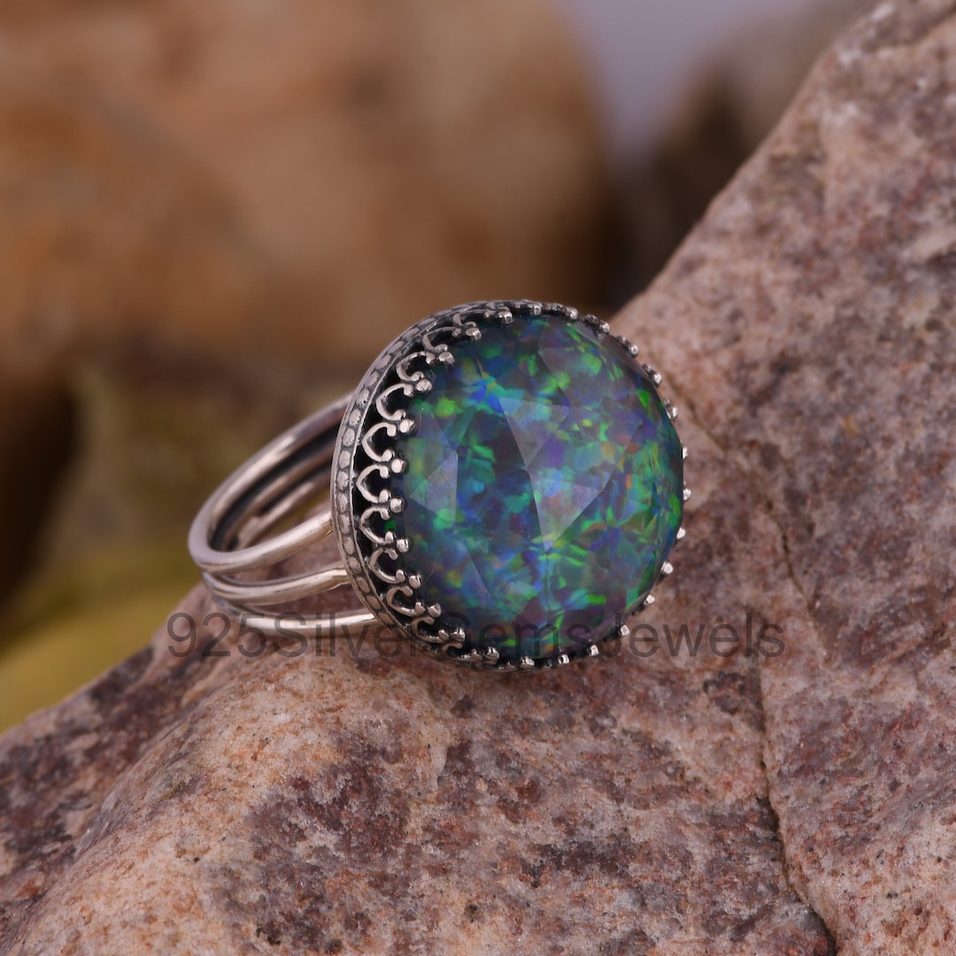 Round 17mm Green Fire Opal Ring, Big Gemstone Ring, Fire Opal Wedding ...