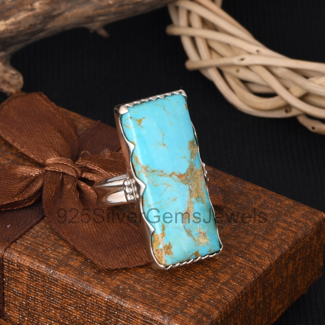 Natural Kingman Turquoise Rings, Sterling Silver Ring for Women, Long ...