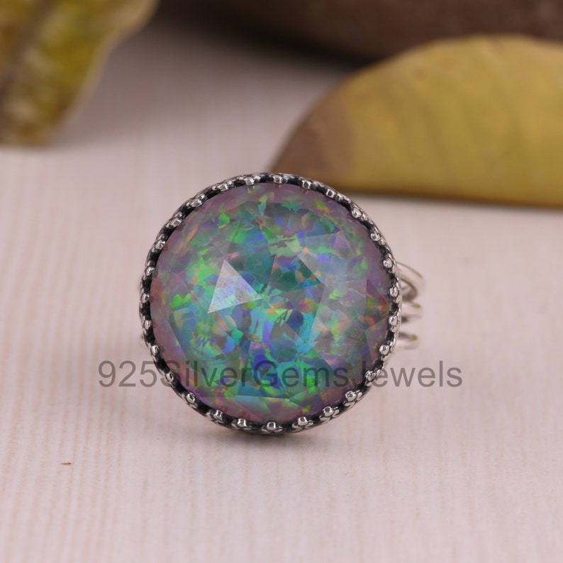 Round 17mm Green Fire Opal Ring, Big Gemstone Ring, Fire Opal Wedding ...