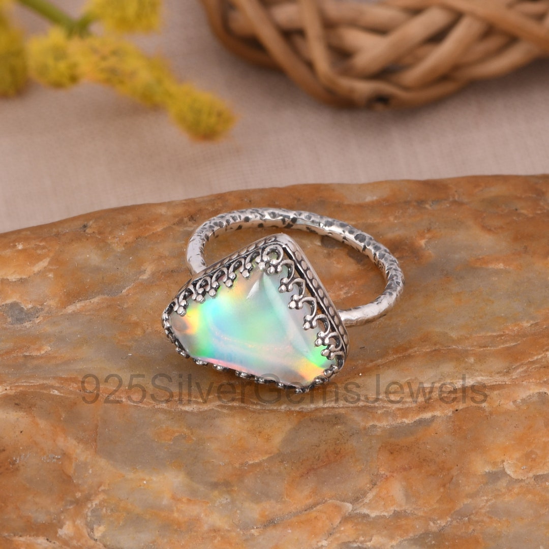 Aurora Opal Ring, Detailed 925 Sterling Silver Trillion Cut Opal Rings ...
