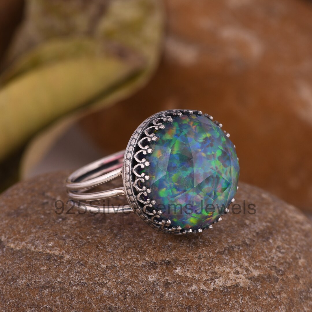 Round 17mm Green Fire Opal Ring, Big Gemstone Ring, Fire Opal Wedding ...
