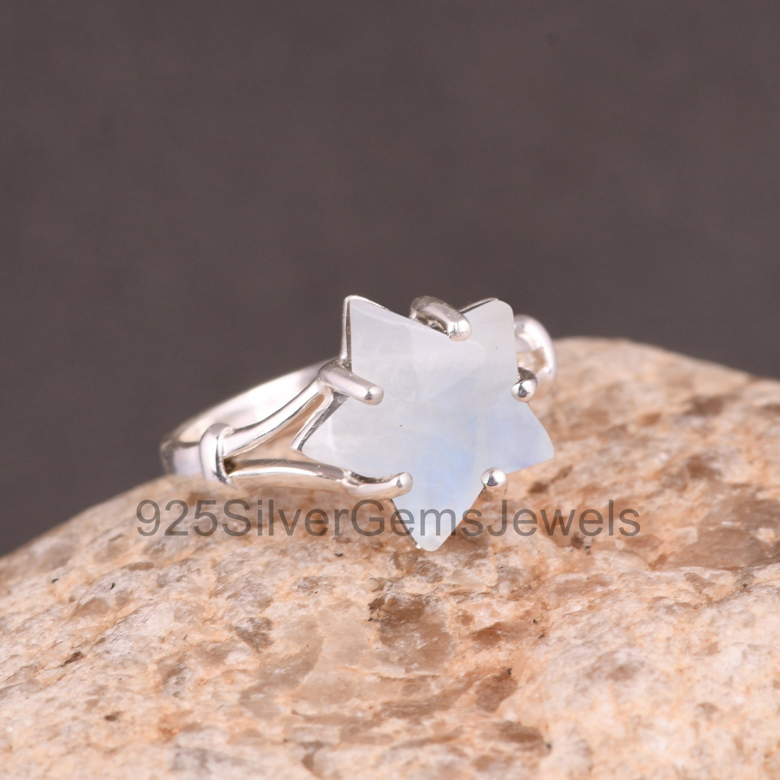 Natural Moonstone Ring, 925 Silver Star Cut Moonstone Wedding Ring ...