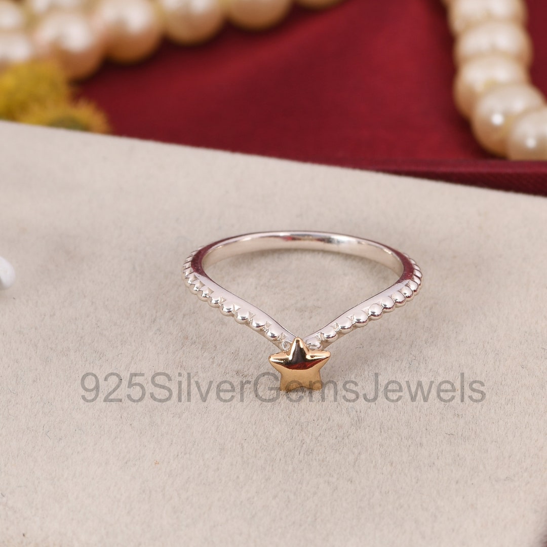 Unique Star Cut Bead Ball Wishbone Fine 925 Sterling Silver Ring, V ...