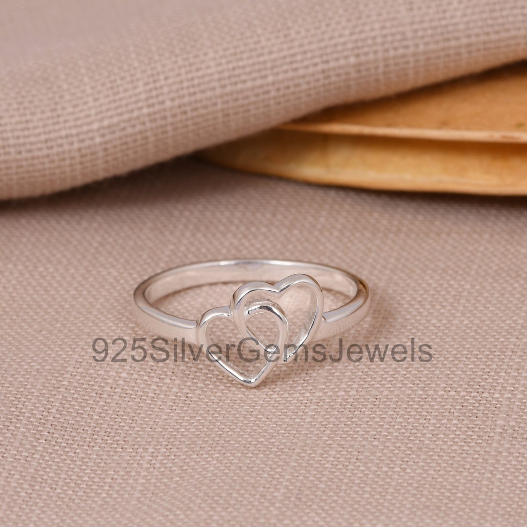 Sterling Silver Heart Ring, Double Heart, Promise Ring, Delicate Ring ...