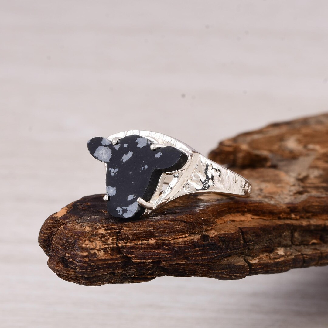 Snowflake Obsidian Cow Ring, Handmade Cow Head Ring, 925 Silver Farm ...