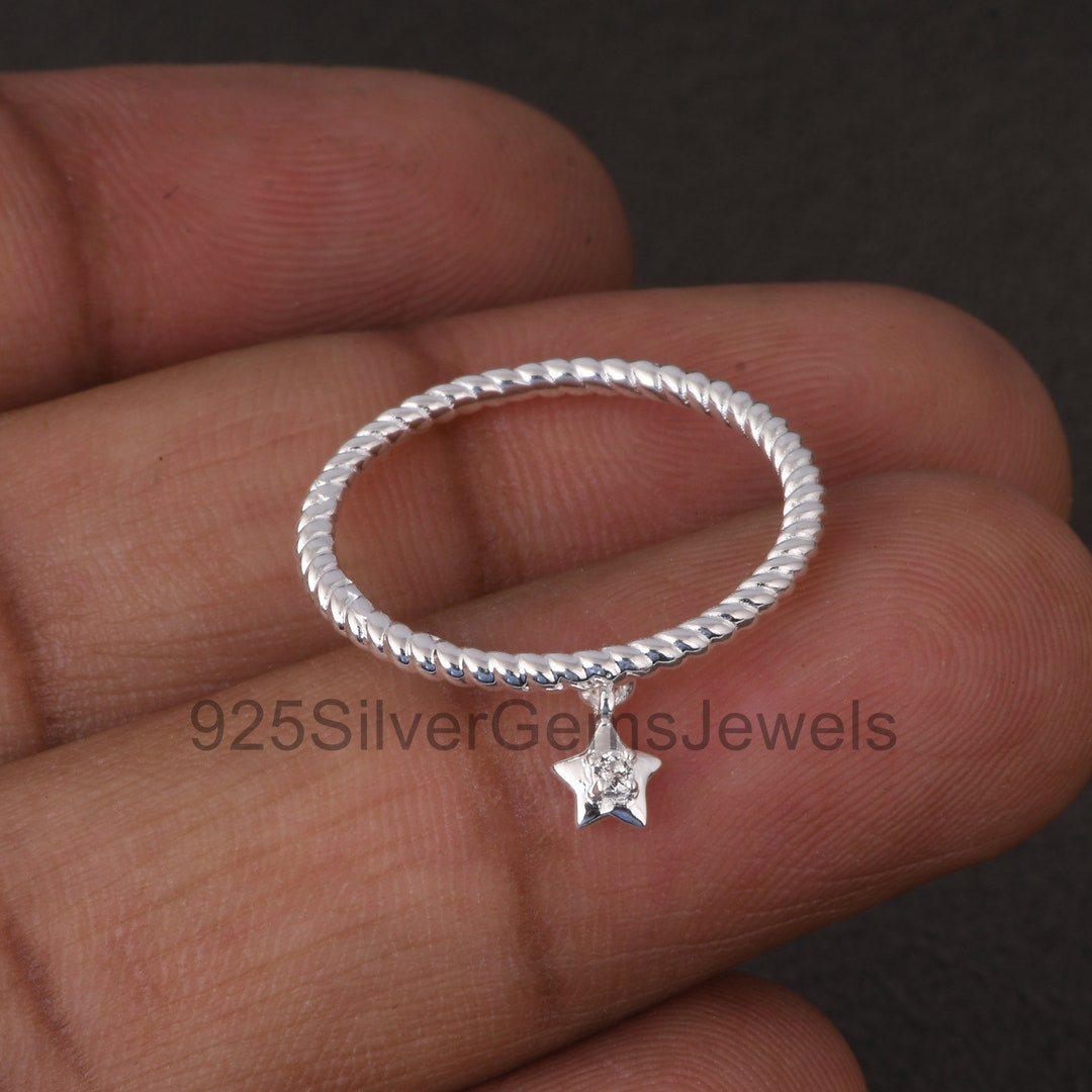 Silver Star Ring, Silver Dangle Charm Ring, Minimalist Ring, Twisted Wire Band Ring, CZ Ring ...