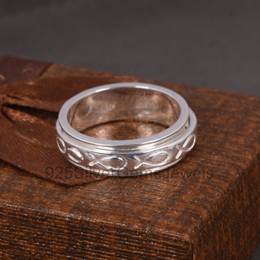 Jesus Fish Unisex Spinner Band Ring, 925 Sterling Silver Christian Fish ...