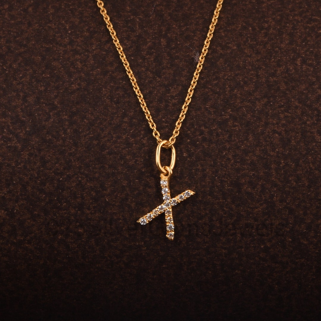 14K Solid Gold Initial Letter X Charm Alphabet Pendant With Natural ...