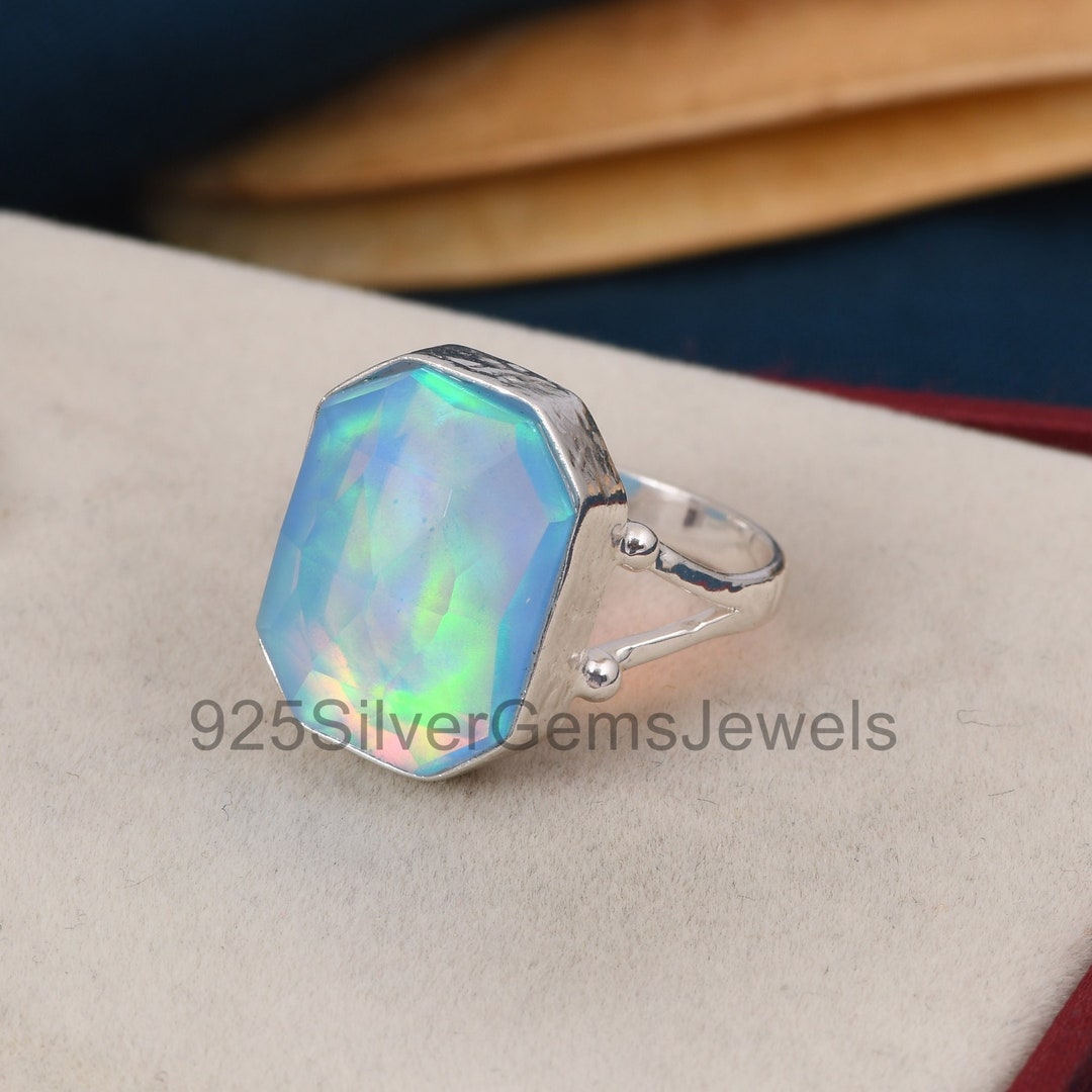Opal Ring, Sterling Silver Aurora Opal Wedding Ring, Emerald Cut Opal ...