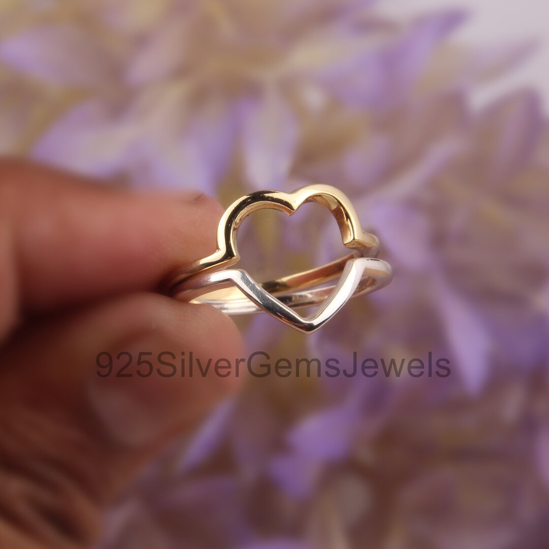 Attractive Heart Shape Ring, Double Band Ring, Silver Two Color Heart ...