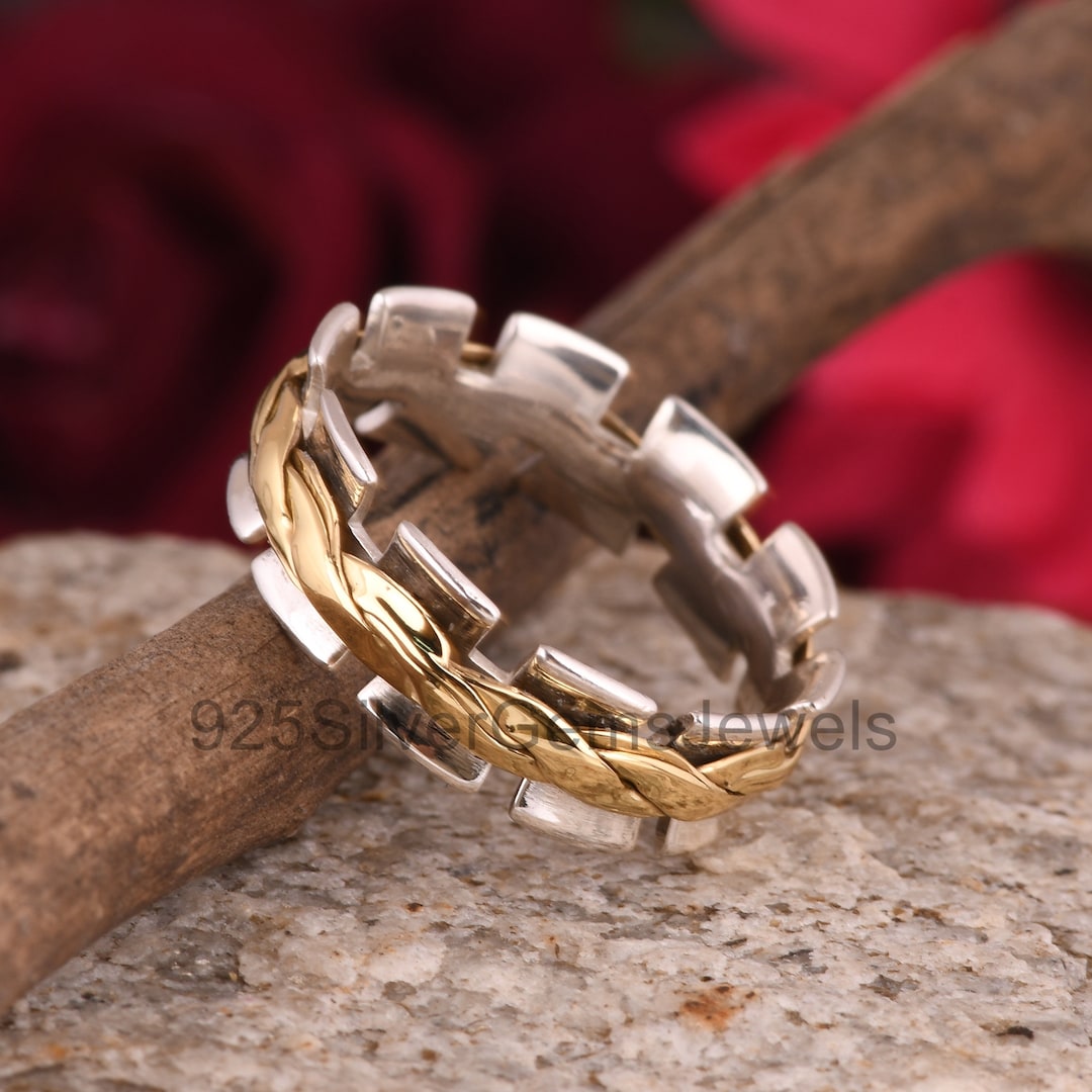 Handmade Spinner Band Ring, Sterling Silver Two Tone Spinning Ring ...