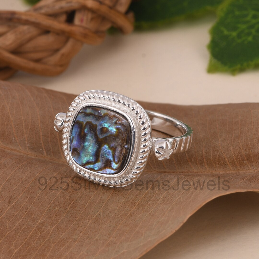 Natural Abalone Shell Rings, 925 Sterling Silver Jewelry, Marine Mollusk Ring for Birthday ...