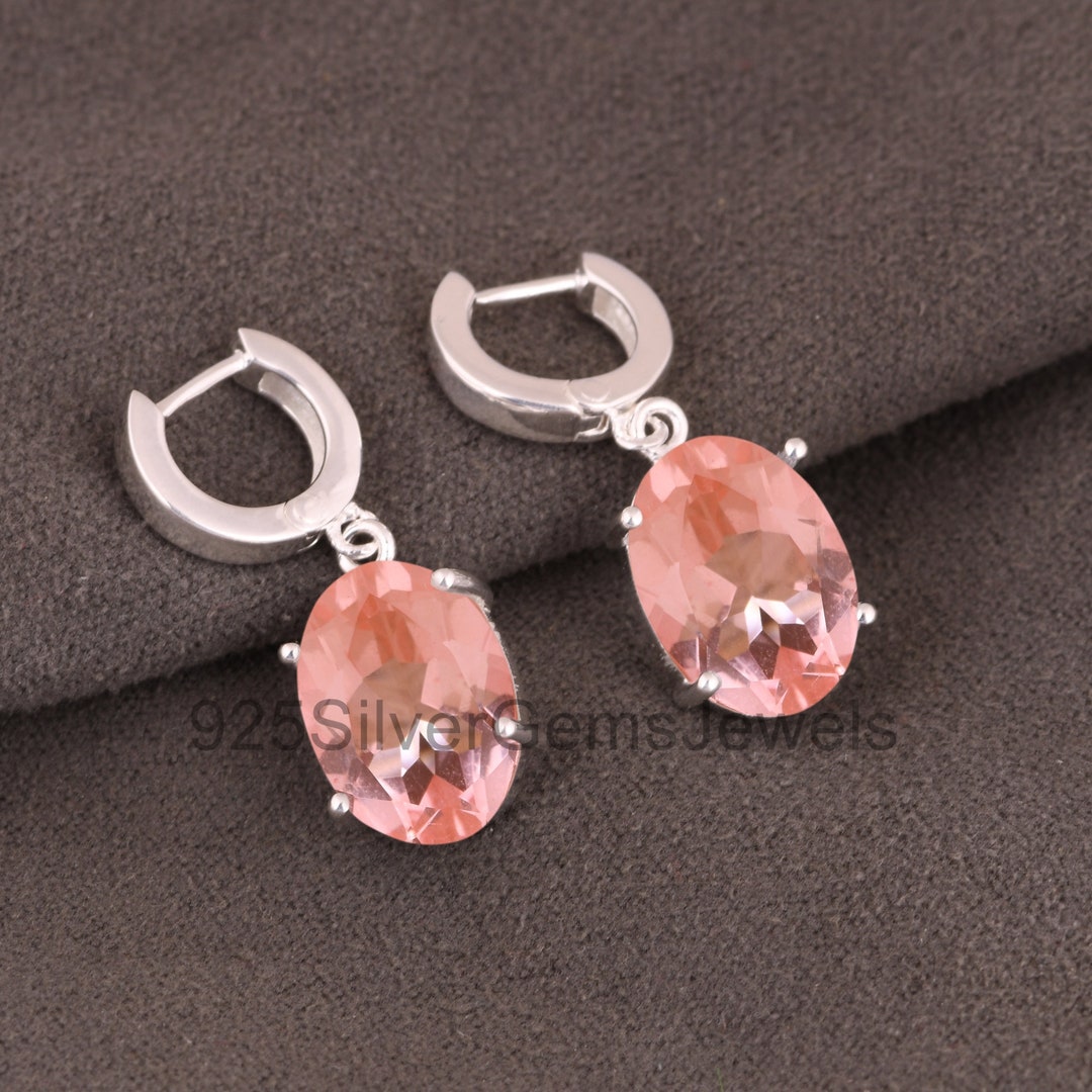 Oval Doublet Peach Morganite Mini Hoop Earrings, 925 Silver Gemstone ...