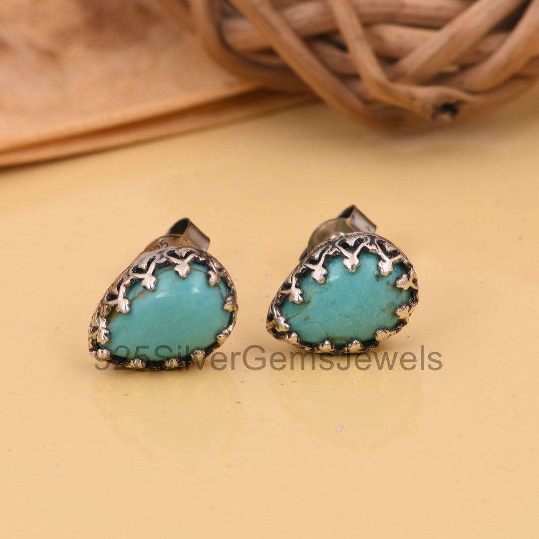 Genuine Turquoise Stud Earrings, Silver Stud Earring, Kingman Turquoise ...