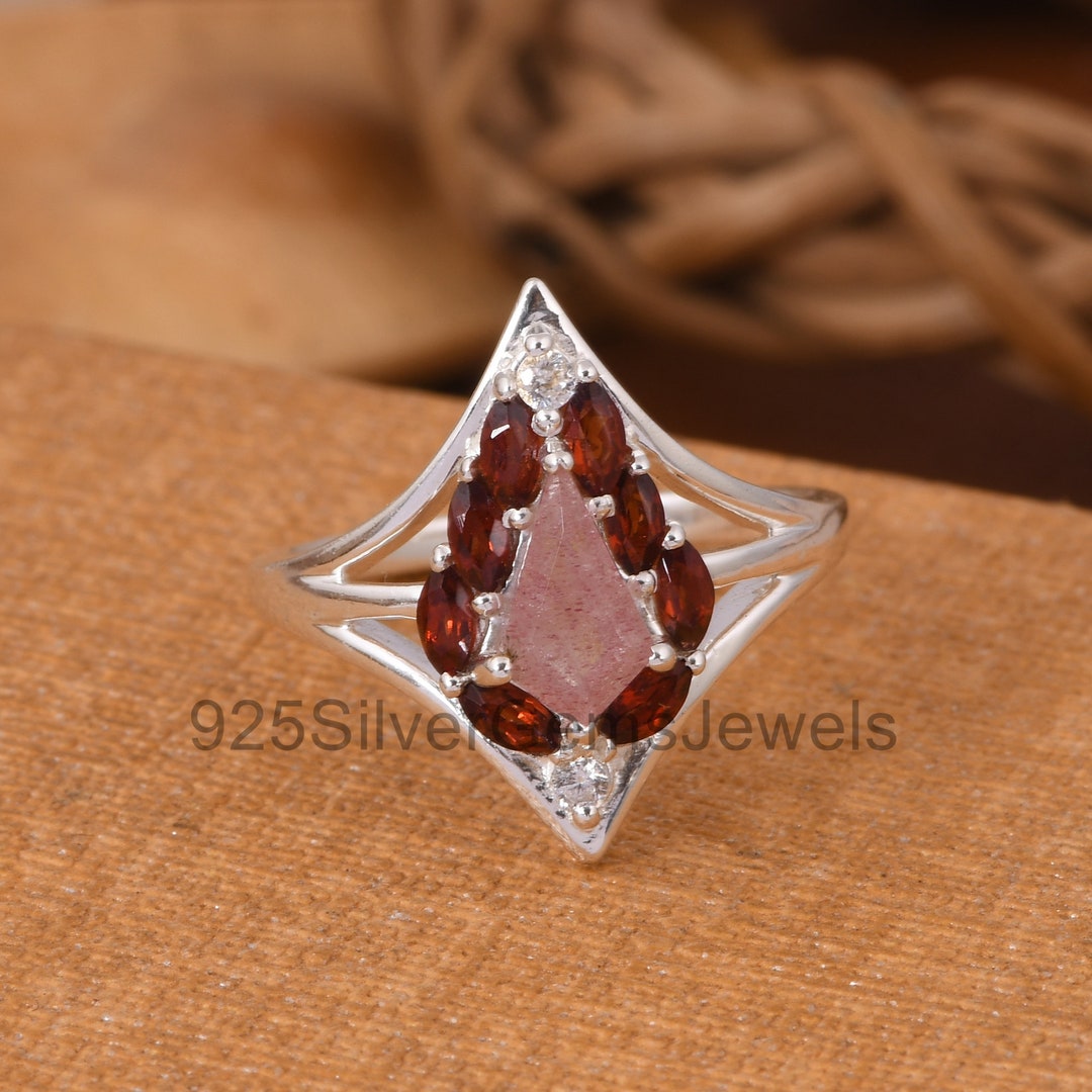 Natural Strawberry Quartz Kite Shape Ring, Wedding Ring, Silver Ring ...