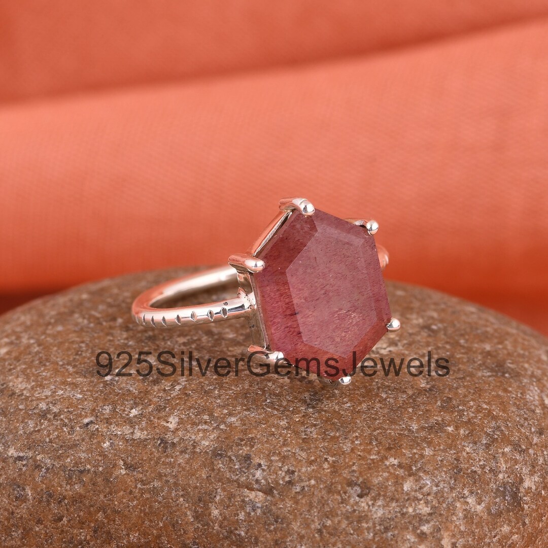 Hexagon Strawberry Quartz Ring, Hexagon Gemstone Ring, Hexagon ...