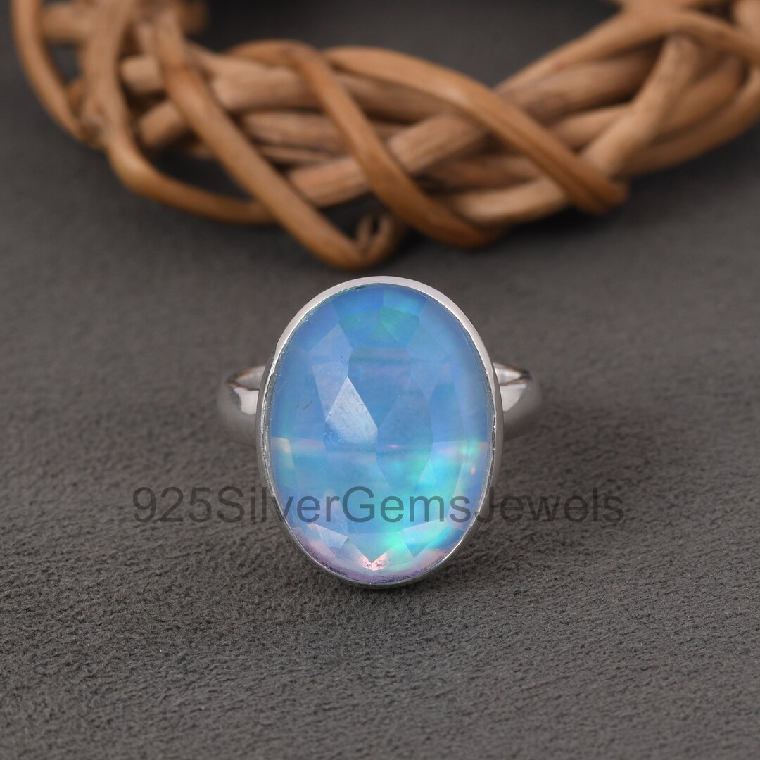 Oval Checker Cut Aurora Opal Gemstone Ring, Solid Silver Wedding Ring ...
