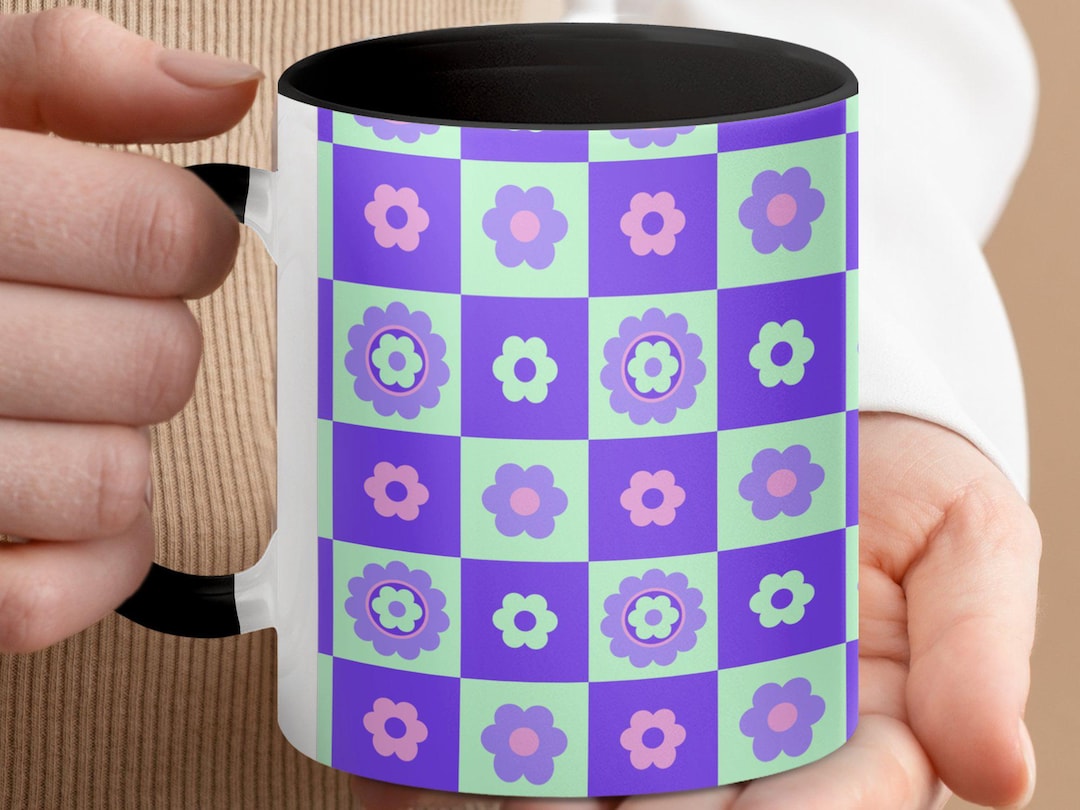 Flower Power Checkerboard Mug, Bright Floral and Checkerboard Pattern ...