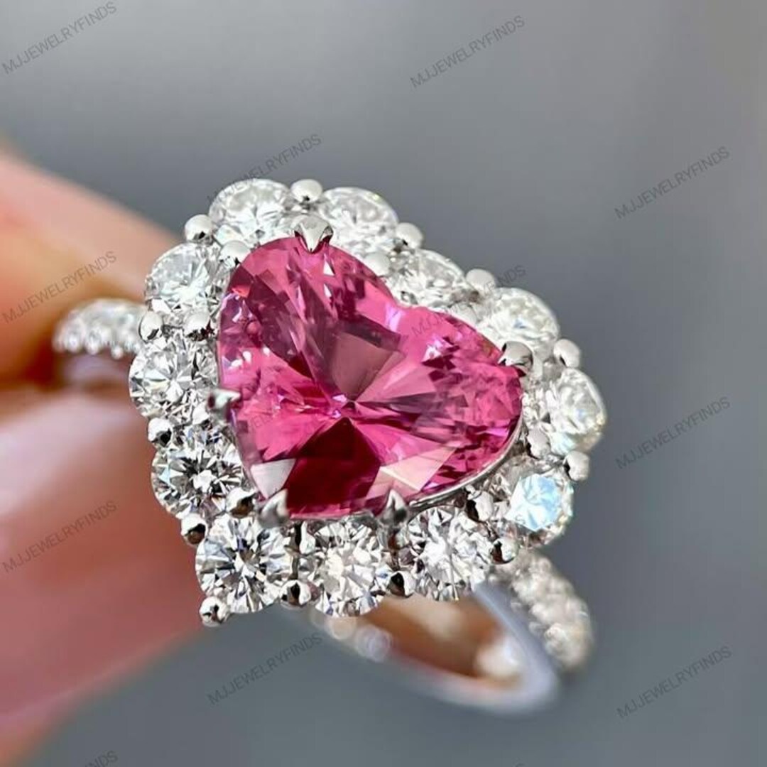 Heart Cut Pink Ruby Halo Ring, Diamond Accent, Sterling Silver - Etsy