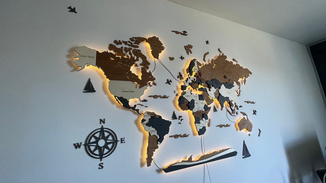 Wooden 3D World Map LED - Etsy