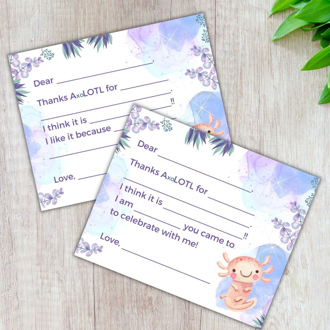 Axolotl Thank You Note Card: Fill-in-the-blank Template (digital ...