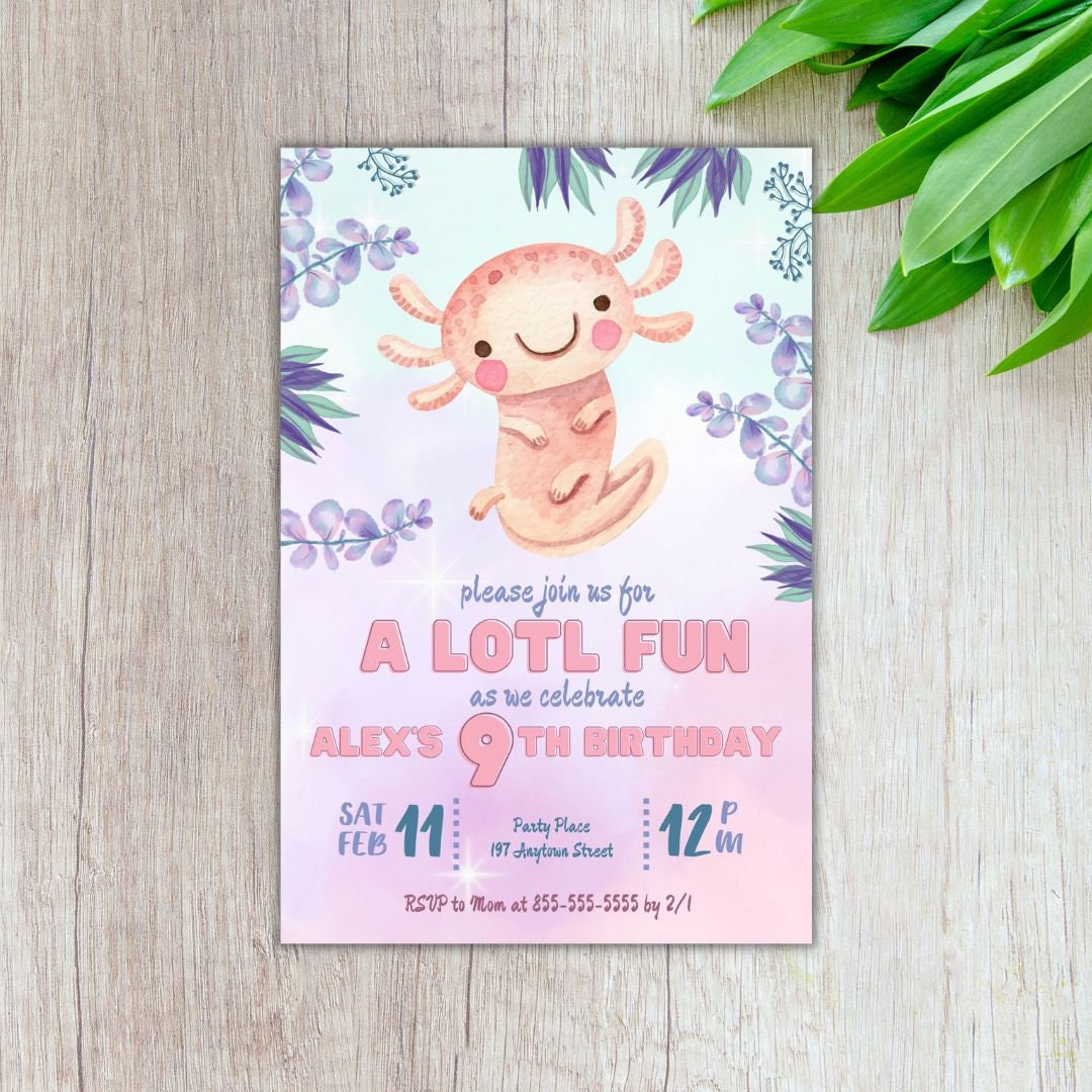 Girly Axolotl Birthday Invitation: Watercolor Design (4x6) (digital ...