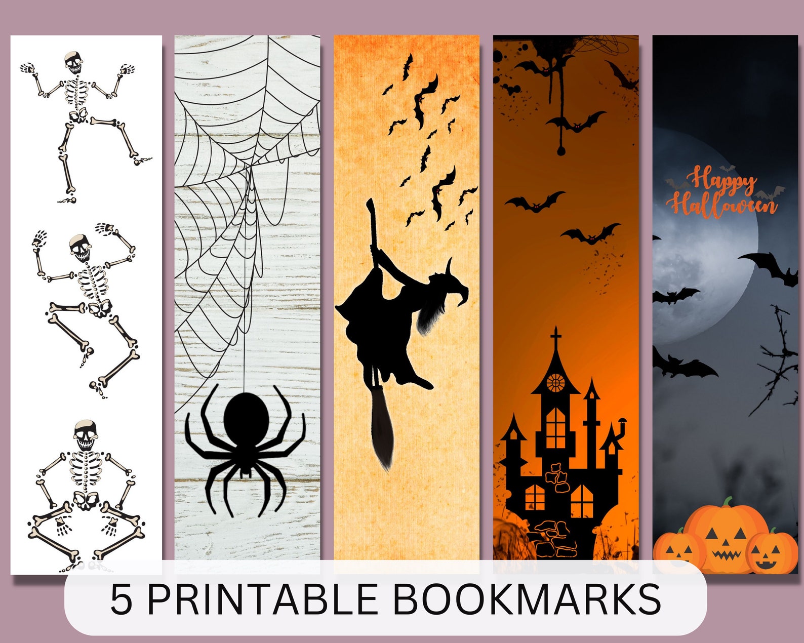 Printable Halloween Bookmark, Digital Product, Set of Five, Book Lovers ...