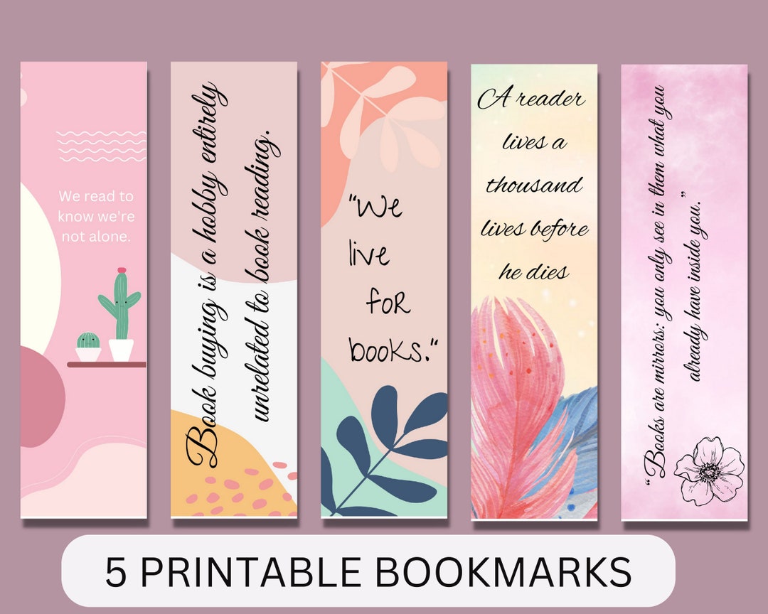 Printable Bookmark, Digital Product, Set of Five, Digital Bookmark ...