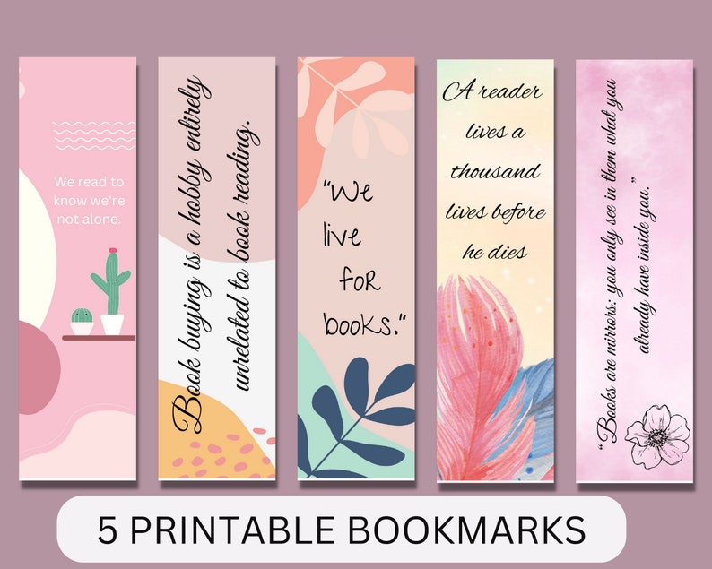 Printable Bookmark, Digital Product, Set of Five, Digital Bookmark ...